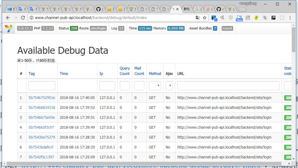打开网址：http://www.channel-pub-api.localhost/backend/debug/default/index ...