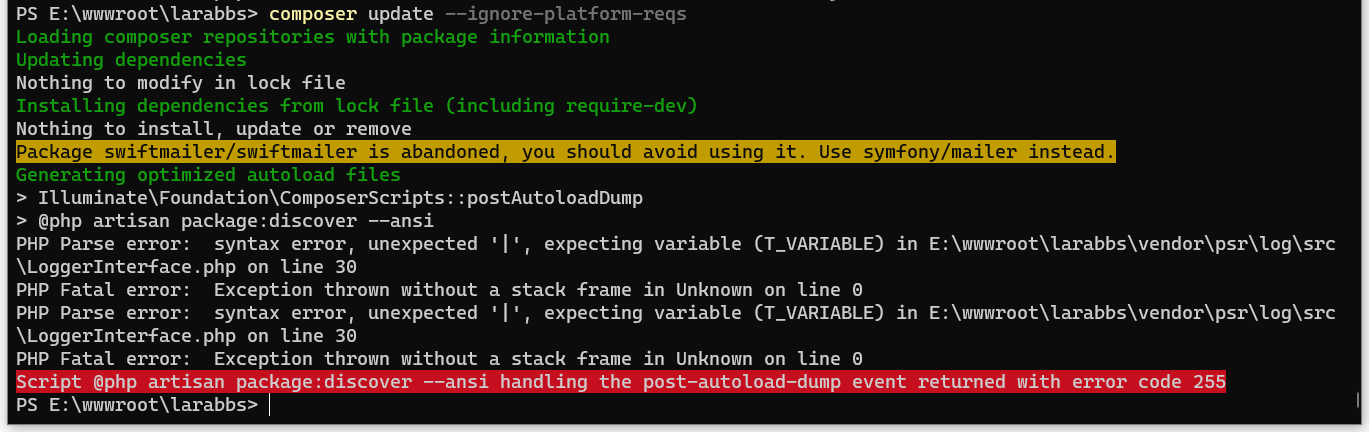  Composer Update ignore platform reqs Script php Artisan 