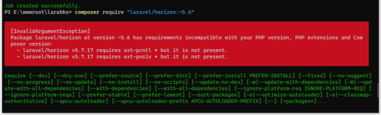基于 Composer 安装 laravel/horizon 时，报错：Package laravel/horizon at version ~5.6 has requirements ...