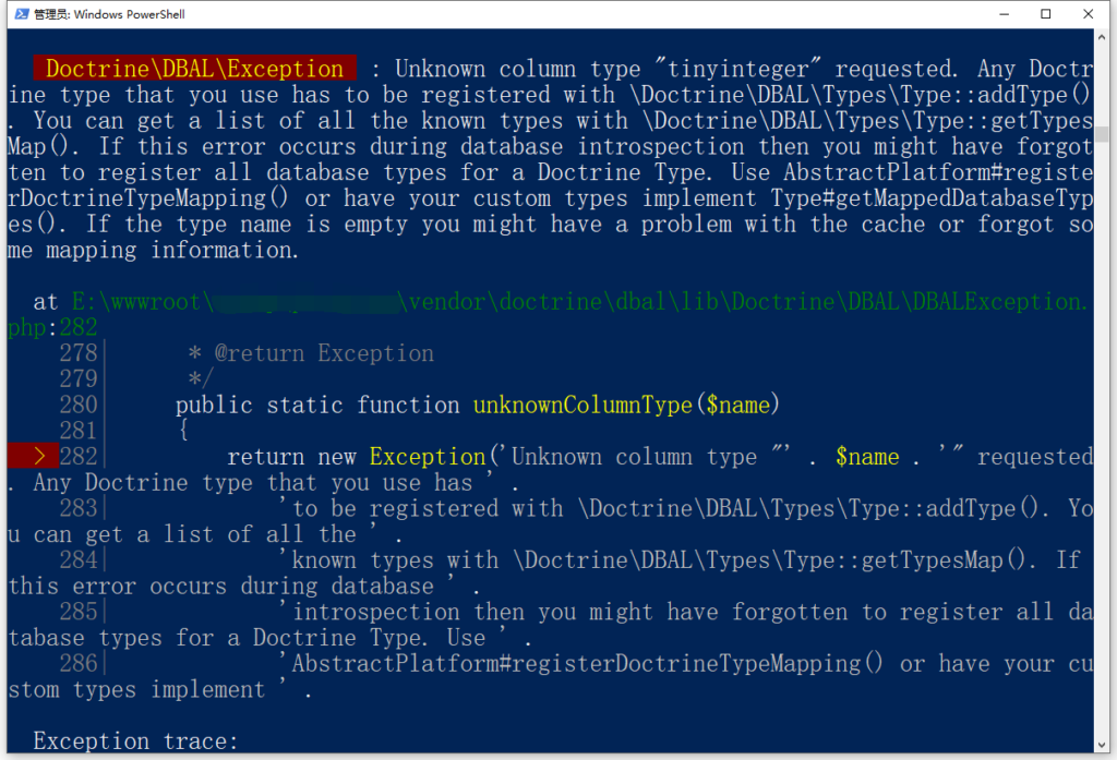 在 Laravel 6 的数据库迁移中，更新字段属性时，doctrine Dbal Exception Unknown Column