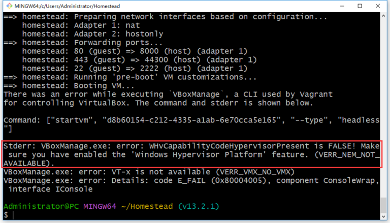 启动 vagrant 时，报错：Stderr: VBoxManage.exe: error: WHvCapabilityCodeHypervisorPresent is FALSE! Make ...